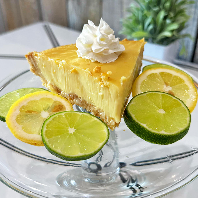 This key lime pie, garnished with citrus wheels, delivers sunshine on a plate – Florida's finest export without the humidity or alligators.
