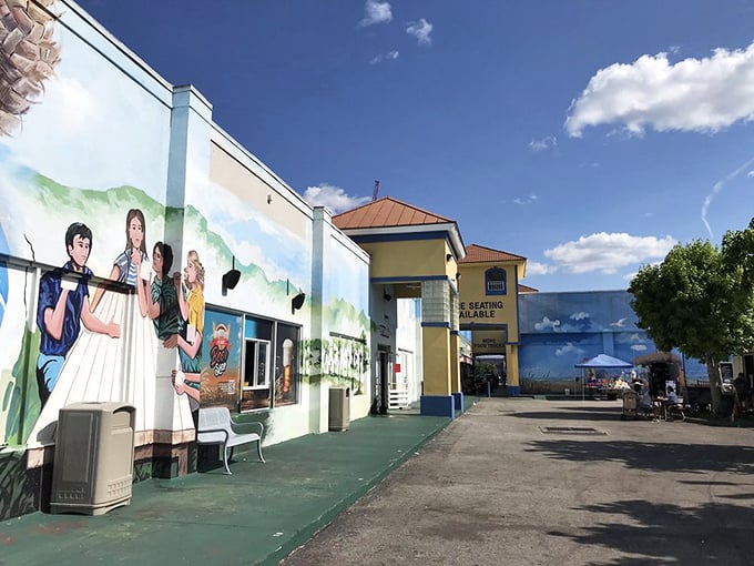 Outdoor murals and seating areas provide a moment of respite for weary shoppers before they dive back into the treasure hunt.