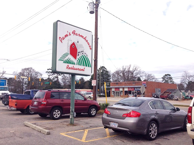 The roadside sign and packed parking lot—North Carolina's most reliable indicator that you're about to experience breakfast nirvana.