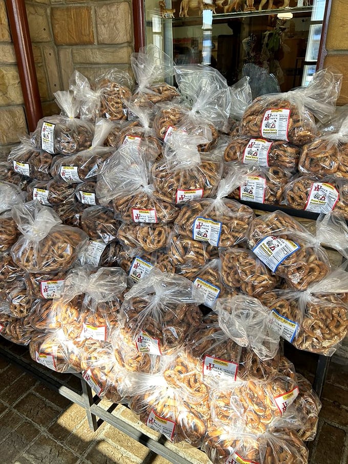 Pretzel paradise! These twisted treasures of dough and salt are stacked like edible gold, ready to accompany you on the ride home—if they last that long.