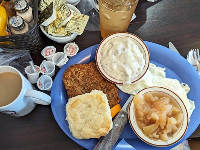 This isn't just breakfast – it's a blue plate special love letter to morning hunger, complete with gravy-filled punctuation marks.