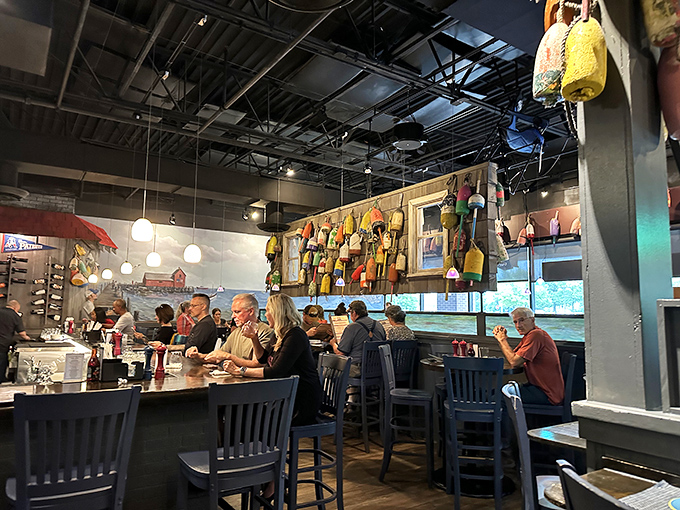 The dining room buzzes with the energy of happy eaters. Colorful buoys overhead remind you that great seafood brings people together, even inland. 