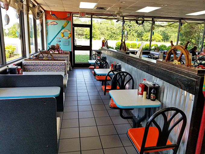 Tables positioned for optimal hushpuppy consumption and conversations about how you definitely don't need dessert (but will probably get it anyway).