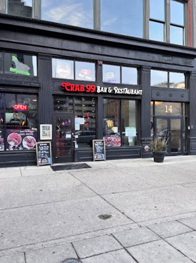 The daytime face of Crab 99 shows its downtown character—an unassuming exterior that keeps the seafood secrets within, waiting to be discovered.