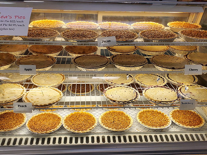 The pie case at Lea's isn't just a display—it's a museum of edible art with flavors that tell the story of the South one slice at a time.