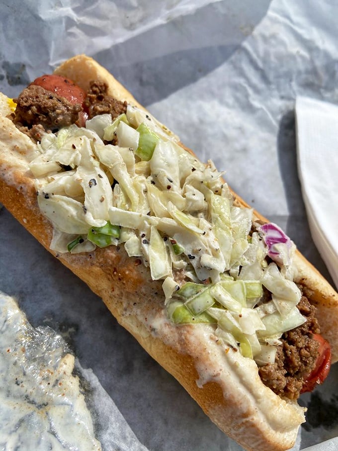 Sometimes a hot dog piled high with fresh slaw just hits different—simple pleasures elevated to art form at Brooks'.