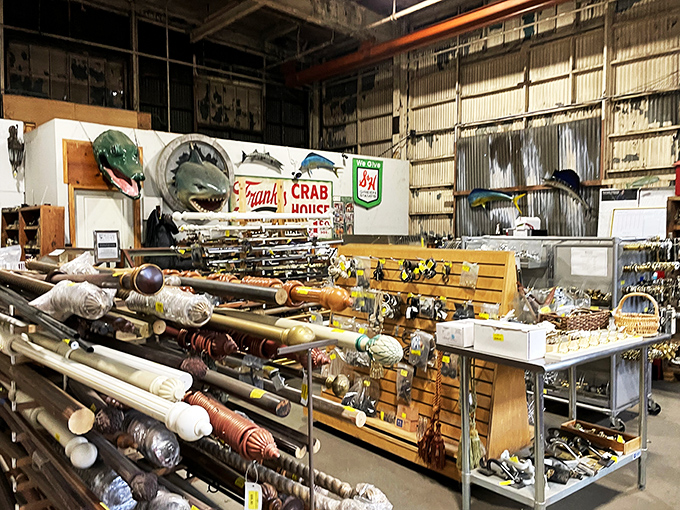 A fisherman's paradise of vintage rods, reels, and maritime memorabilia—because nothing says "authentic Maryland" quite like crab signs and fishing gear.