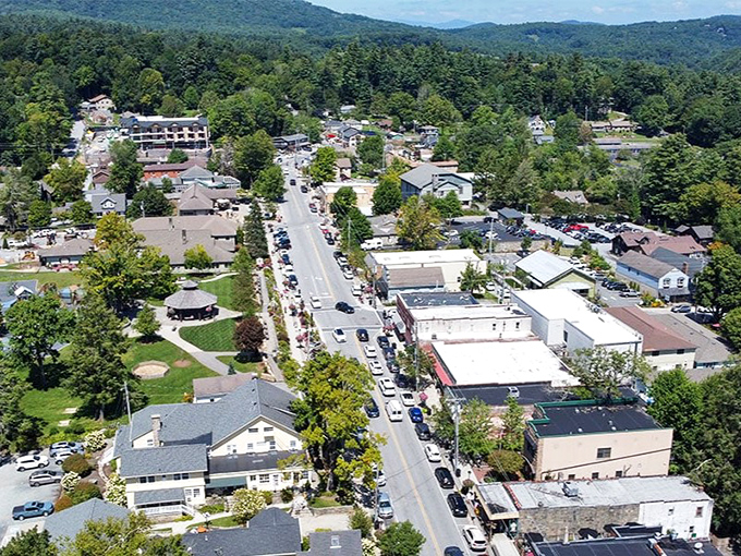This aerial view reveals how Blowing Rock nestles perfectly into its mountain setting, a masterclass in town planning that respects natural beauty.