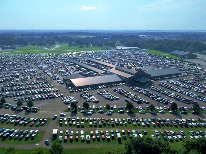 Aerial view of bargain paradise! Hartville Marketplace sprawls like a small city of deals where treasure hunters gather by the thousands.