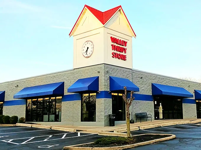 Valley Thrift Store's iconic clock tower stands like a time machine to bargain paradise—where your wallet actually gains weight instead of losing it.