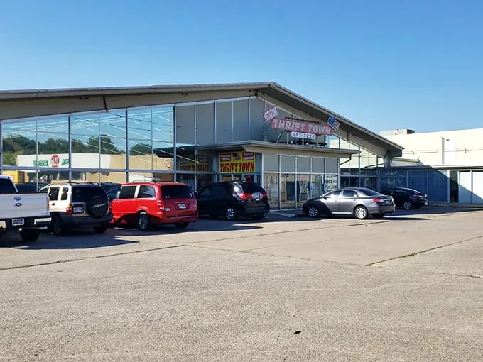 Veterans Thrift Town's distinctive angled roof promises treasures within – like a retro department store where bargains and nostalgia collide.