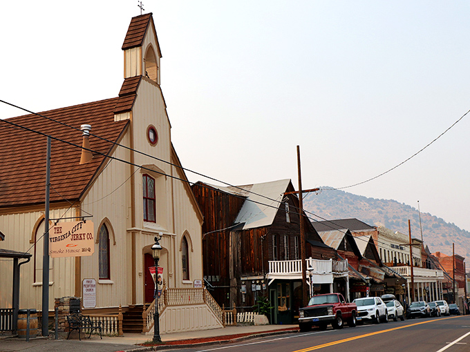 Virginia City: "This isn't a movie set—it's Virginia City's authentic church and wooden storefronts, where history isn't displayed behind glass but lived on every creaking floorboard."