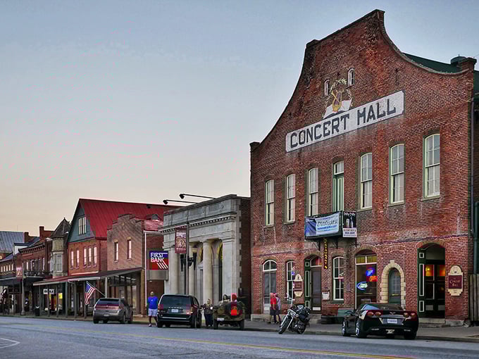 The Concert Hall stands proudly on Main Street, a red brick sentinel guarding Hermann's musical soul for over a century.