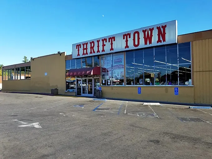 Where Halloween headquarters meets everyday treasures – Thrift Town's sprawling storefront promises adventures in secondhand paradise.