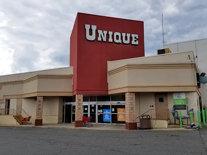 Like a department store that time-traveled from 1985, Unique Thrift's sprawling exterior promises adventures in secondhand splendor.