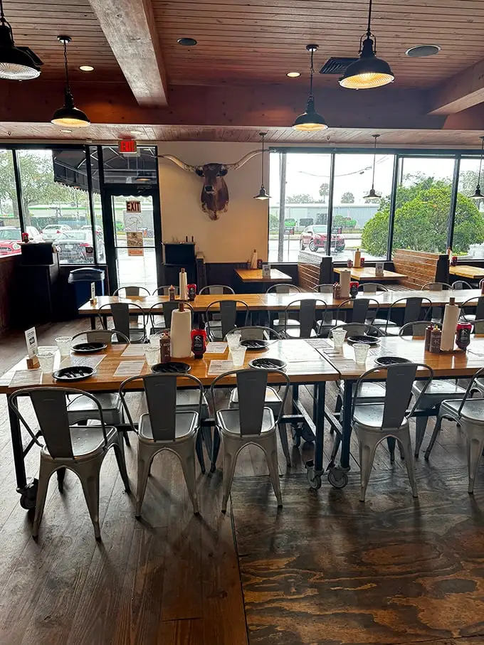 Industrial-chic meets Texas tradition inside, where metal chairs and wooden tables set the stage for the real star—meat that's about to change your definition of barbecue.