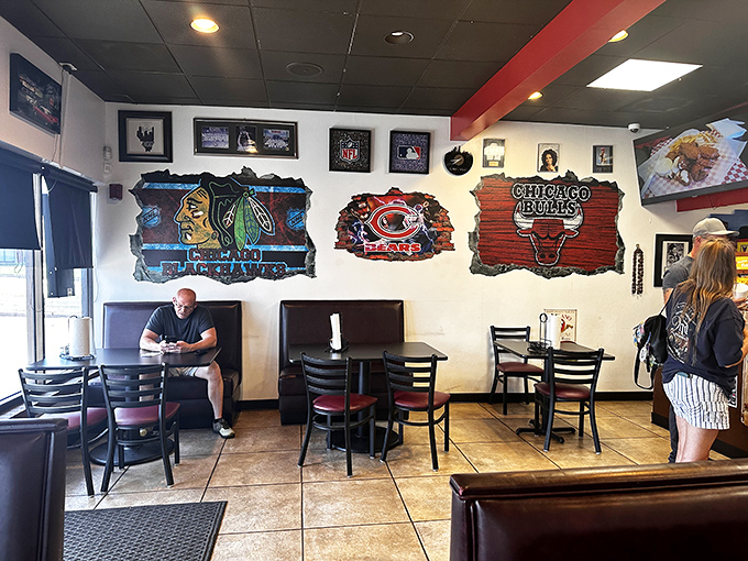 Chicago sports memorabilia transforms a simple Oklahoma eatery into a Midwest escape where Bears fans and curious locals unite over exceptional sandwiches.