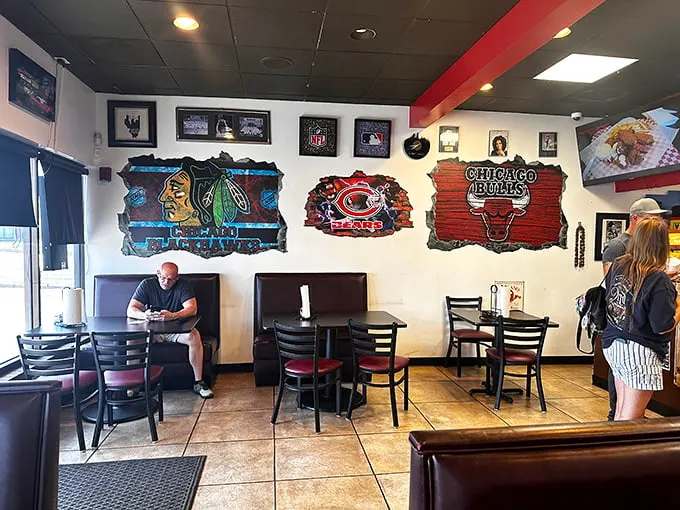Chicago sports memorabilia transforms a simple Oklahoma eatery into a Midwest escape where Bears fans and curious locals unite over exceptional sandwiches.