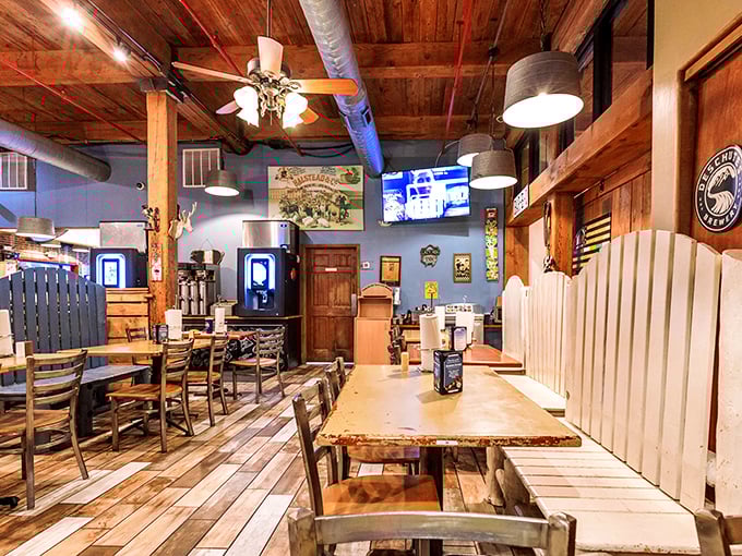 Rustic wooden beams, picnic-style tables, and that unmistakable aroma of hickory smoke – walking in feels like entering barbecue's promised land.