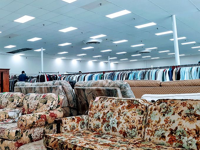 Row after row of possibility stretches before you—thrift shopping isn't just a transaction, it's an expedition.