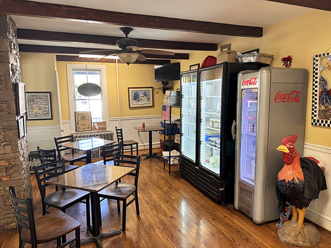 Inside, yellow walls and exposed beams create that "grandma's dining room" feeling, while the rooster décor reminds you this place takes its chicken seriously.