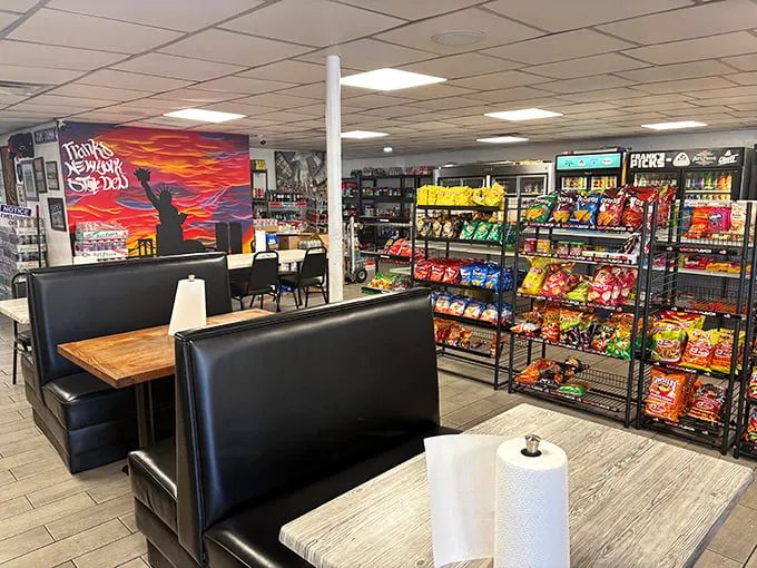 Inside Frank's, the New York deli spirit lives on in Arizona. That mural isn't just decoration—it's a promise of authentic flavors.