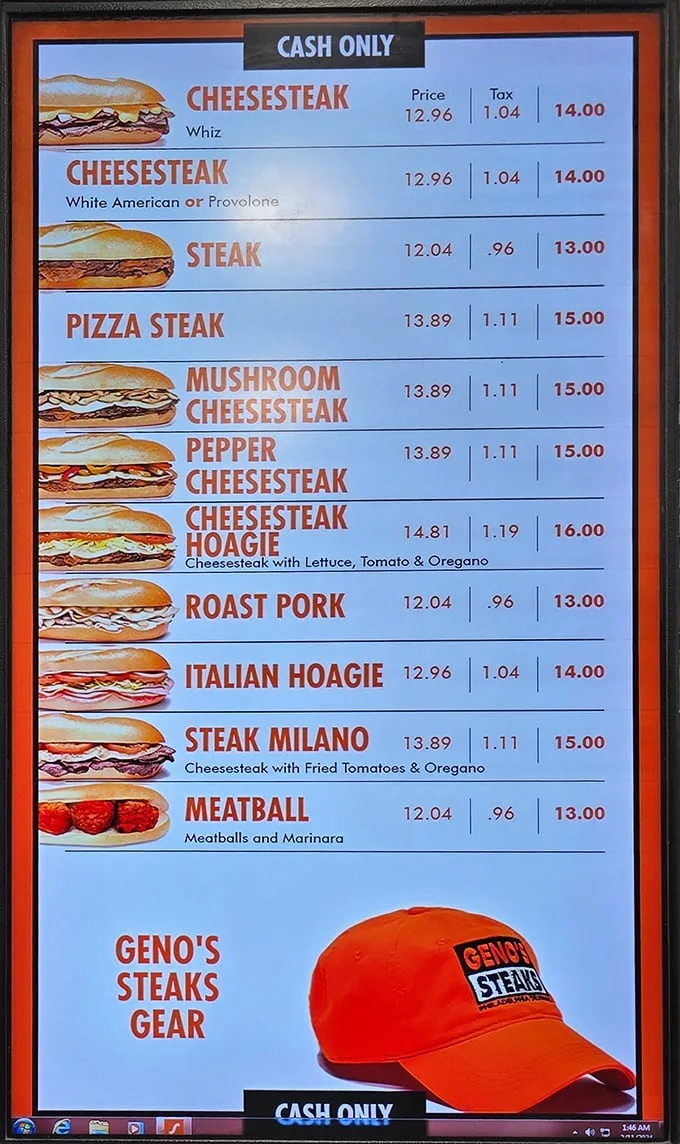 The menu board lays out life's important decisions with refreshing simplicity. Choose your cheese adventure wisely—it's the Philadelphia equivalent of picking a political party.