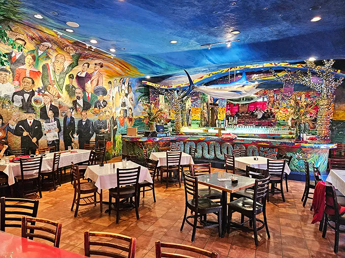 Step inside and you're greeted by a ceiling-to-floor explosion of color, murals, and twinkling lights—dining room or art gallery? At Mi Tierra, it's gloriously both.