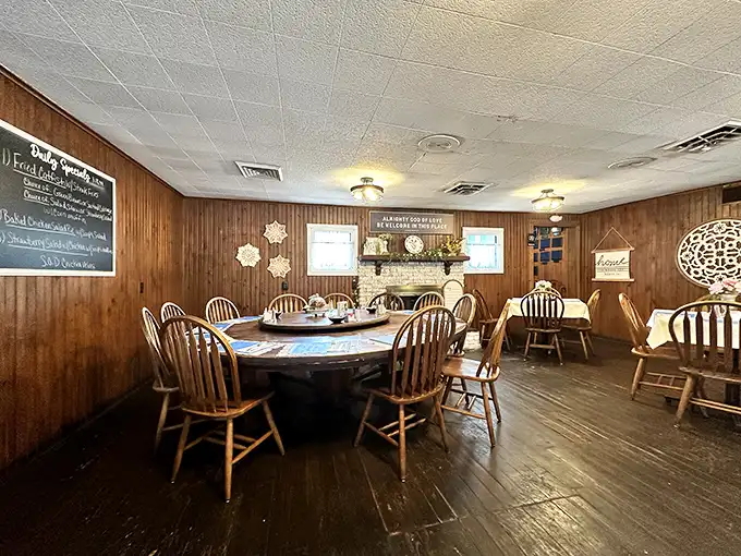 Wooden paneling, cozy tables, and country charm—stepping into The Blue Owl feels like visiting your favorite aunt's dining room, if your aunt happened to be a pie genius.