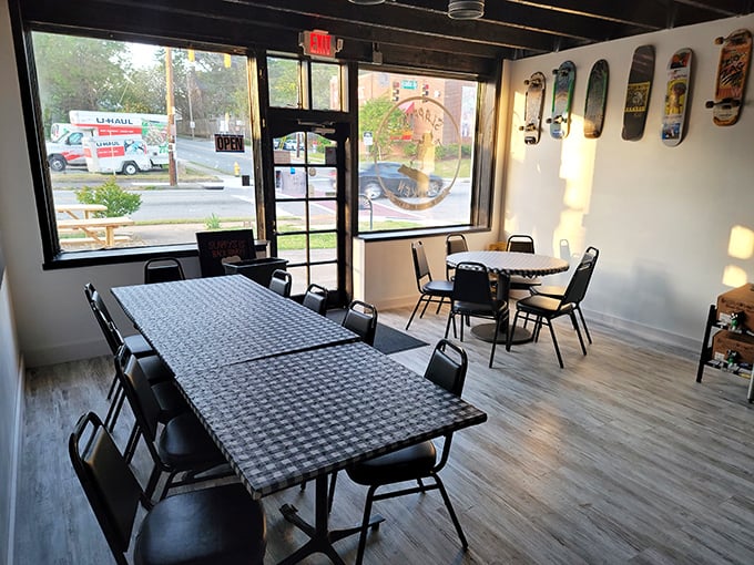 Simple tables, skateboard décor, and life-changing chicken – Slappy's dining room proves greatness doesn't require fancy surroundings.