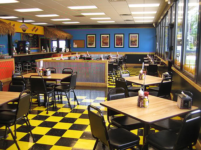 Inside, the checkered floor and bright blue walls create a playful backdrop for the serious business of barbecue consumption—like a diner that graduated with honors from Smoke University.