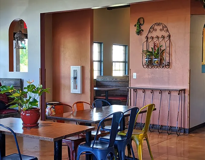 Terracotta walls and colorful metal chairs create that "somewhere else" feeling—exactly what you want when escaping a Wisconsin February.