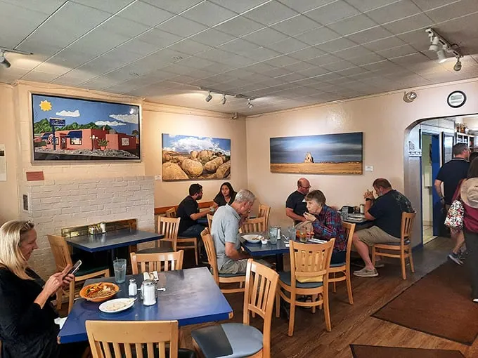 Local artwork adorns the walls while diners engage in the serious business of deciding between red or green chile—New Mexico's eternal question.