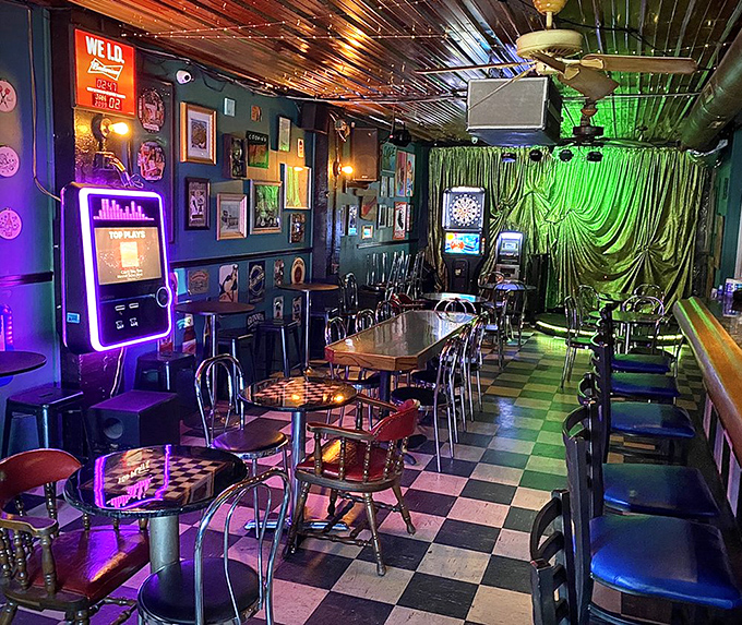 Where Christmas lights meet checkered floors and eclectic décor, Cookie's interior feels like your coolest friend's basement if that friend never grew up.