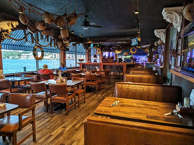 Nautical charm meets lakeside views inside this Hot Springs gem, where every table feels like you've scored the captain's quarters.