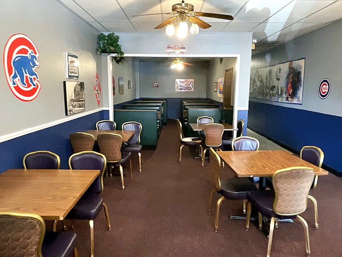 Blue booths, Cubs memorabilia, and no-nonsense tables create the perfect backdrop for serious eating. It's not fancy—it's focused on what matters.