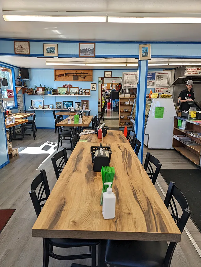 Simple wooden tables and blue walls create the perfect backdrop for seafood stardom. No distractions from what matters most—the ocean's bounty.