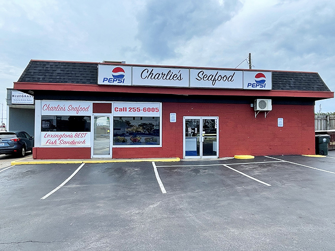Charlie's bold red building stands out like a cardinal in winter. That "BEST Fish Sandwich" claim isn't just talk.