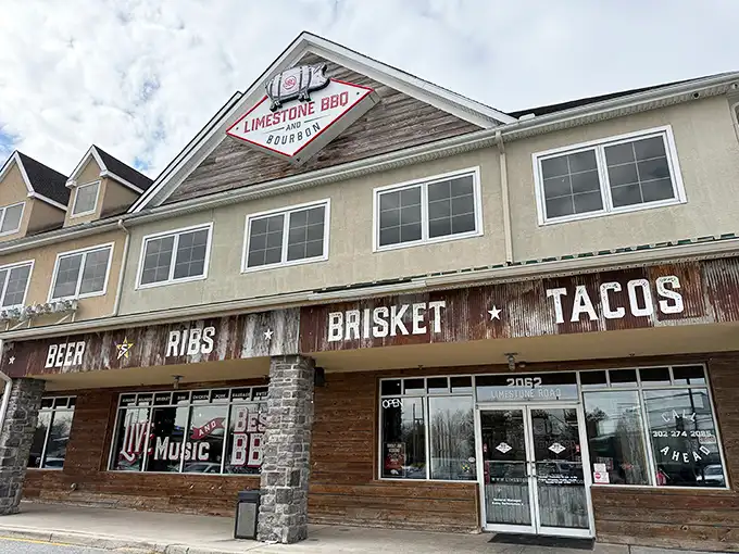 Limestone BBQ's rustic facade promises what's inside: beer, ribs, brisket, and tacos—the four food groups of happiness.