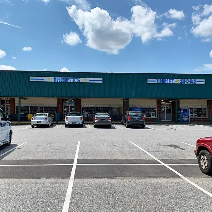 Thrifty's green awning promises adventures in pre-loved merchandise. Like a archaeological dig through America's closets, without the dirt or permits.