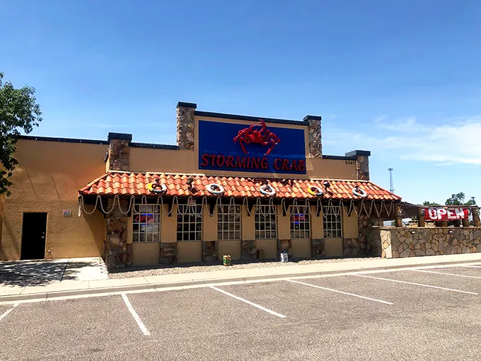 Storming Crab's stone exterior stands like a fortress protecting treasures of the sea—crab legs worth battling for await inside.