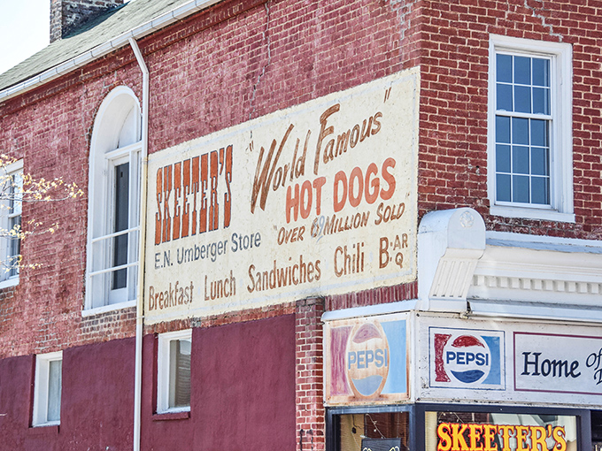 Skeeter's "World Famous" claim painted boldly on brick isn't just small-town pride—it's truth in advertising!