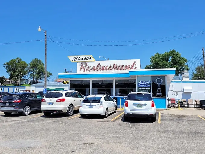 Stacy's Restaurant's classic blue trim and retro signage – where time travel comes with a side of hashbrowns.