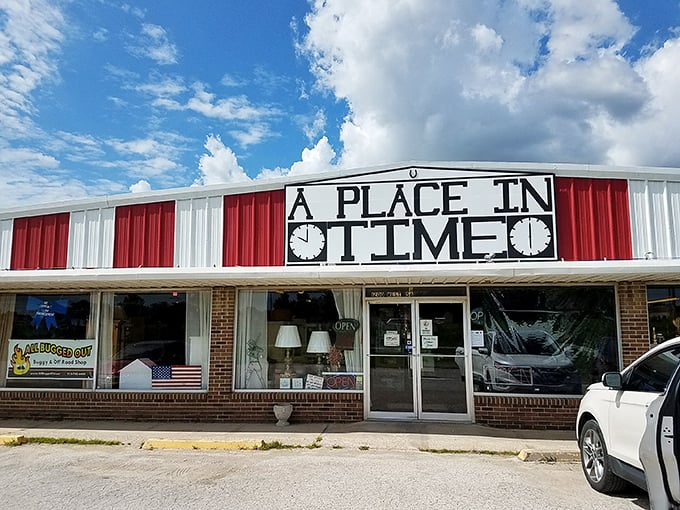The red and white storefront promises a time-traveling adventure—no DeLorean required, just bring your imagination and some spending cash.