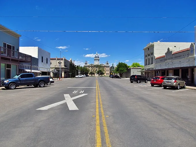 Under that endless West Texas sky, Marfa's buildings seem to exhale the day's heat as evening approaches.