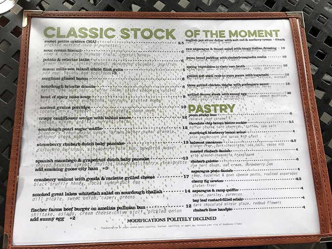 "Modifications Politely Declined" isn't stubbornness—it's confidence. This menu reads like a love letter to breakfast with a vocabulary that makes "eggs and toast" sound pedestrian.