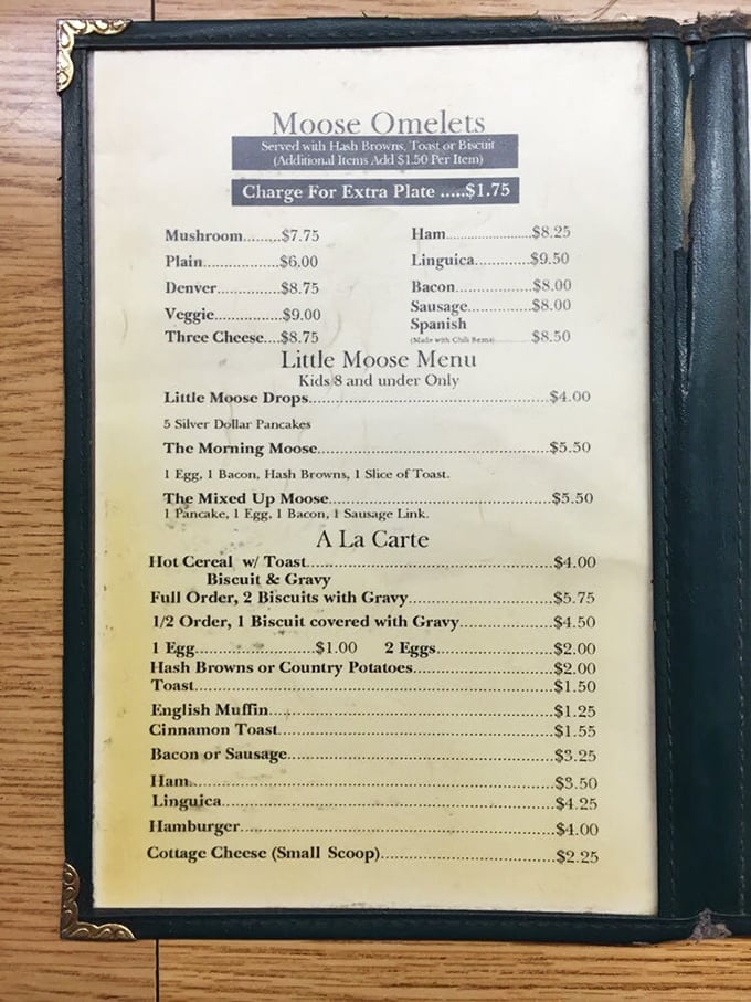 Menu simplicity at its finest – when "Moose Omelets" is your headline, you know you're not at some pretentious brunch spot with deconstructed toast.