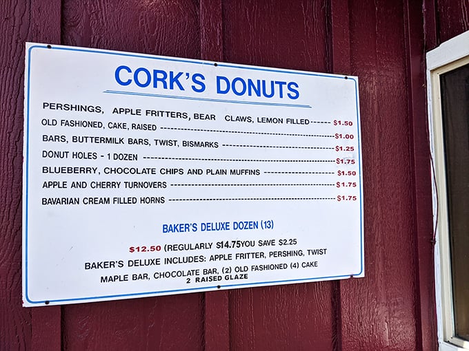 This menu board is a time machine to simpler days, when donuts cost pocket change and "Baker's Deluxe" meant thirteen treats instead of twelve.