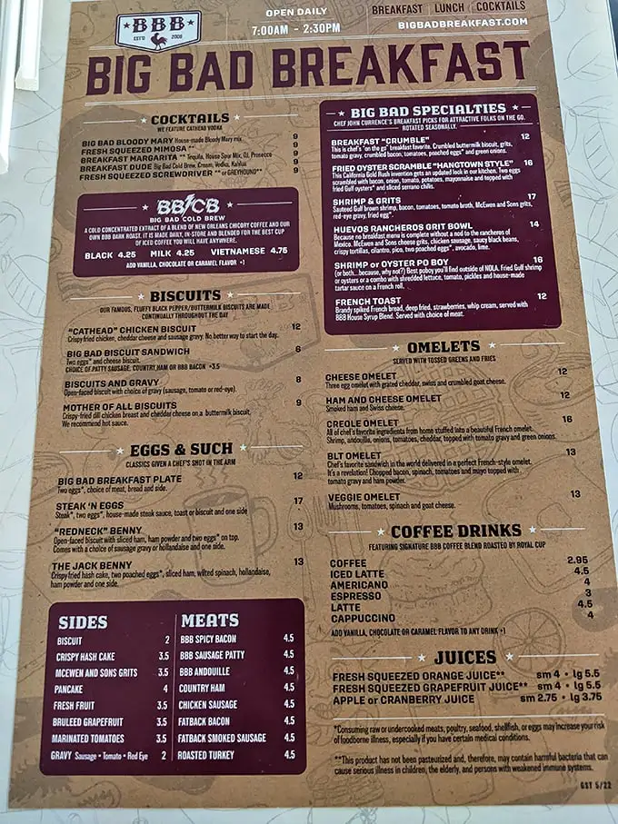 This menu isn't just a list—it's a manifesto of morning possibilities. The "Big Bad" isn't just branding; it's truth in advertising.