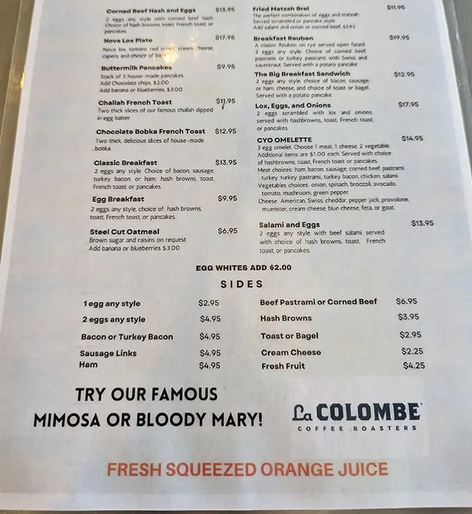 A menu that reads like a love letter to Jewish deli classics—where decisions are harder than your morning crossword puzzle.